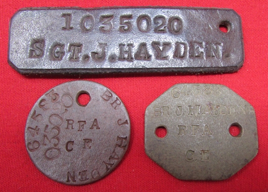 Identity Tags British WWI ID and Name Tag Set, RFA Sgt Hayden ...